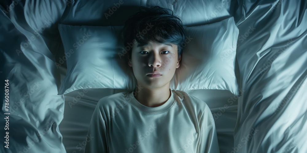 An overhead image of a young man lying in bed, unable to sleep, as he ...