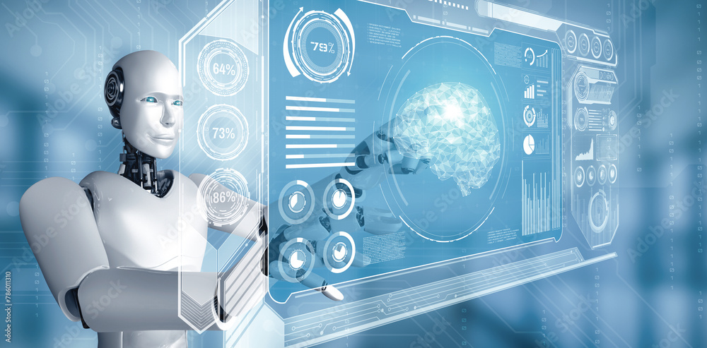 XAI 3d illustration AI humanoid robot touching virtual hologram screen ...