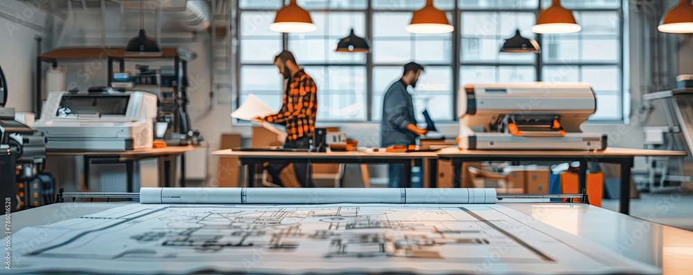 Interior of an architect's office with detailed blueprint on plotter ...