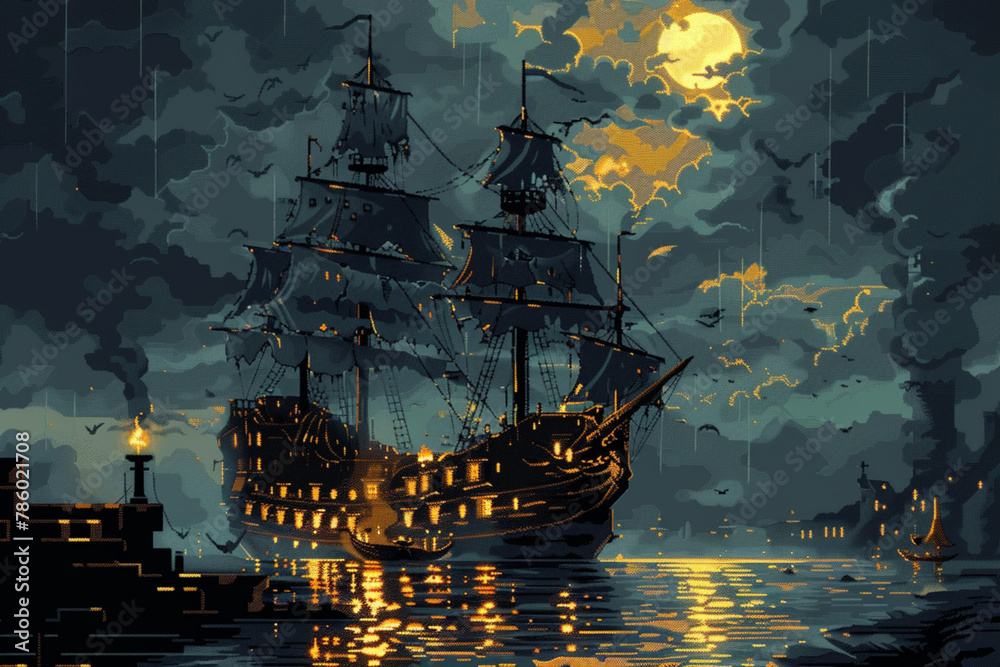 2d pixel art of ghost galleon sail at night, scary ,abandoned ship 16 ...