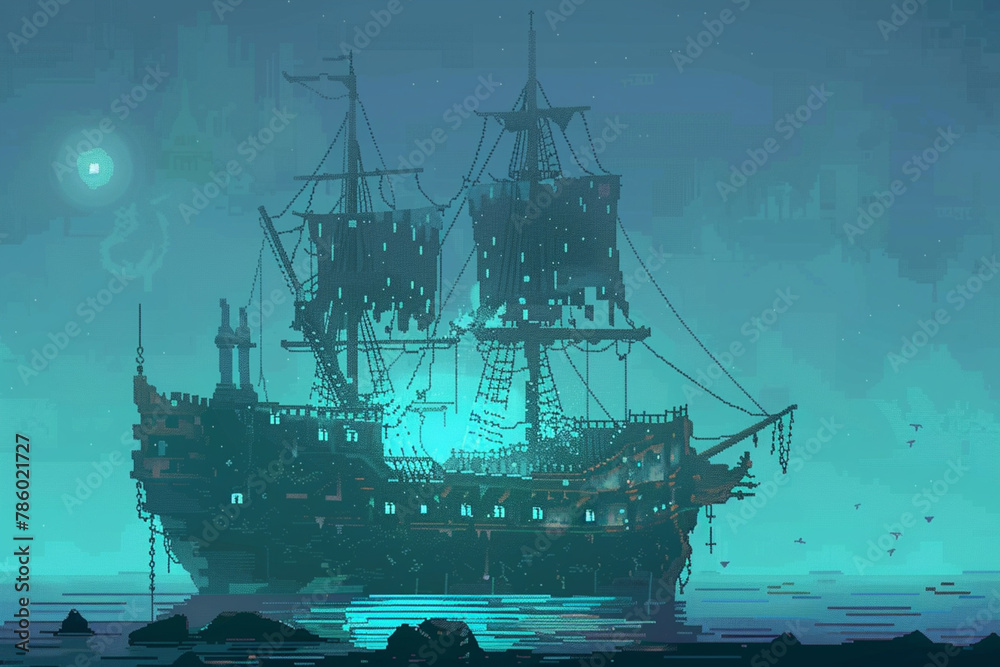 2d pixel art of ghost galleon sail at night, scary ,abandoned ship 16 ...