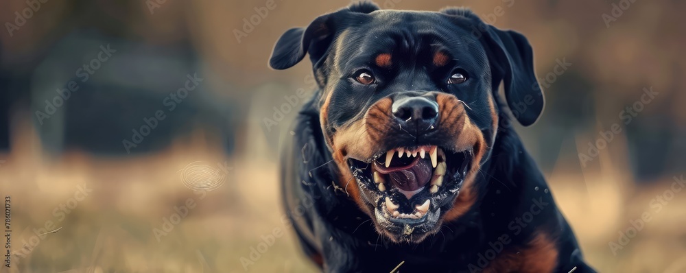ferocious Rottweiler dog snarling, showing its teeth with a blurred ...