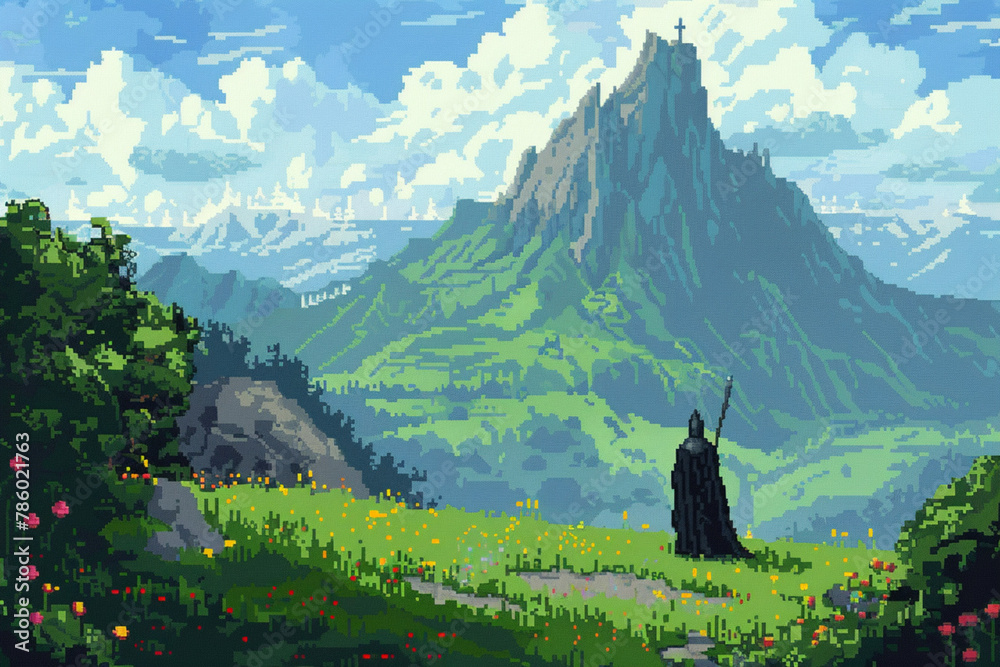 2d pixel art of knight in the green mountain and hill landscape, blue ...
