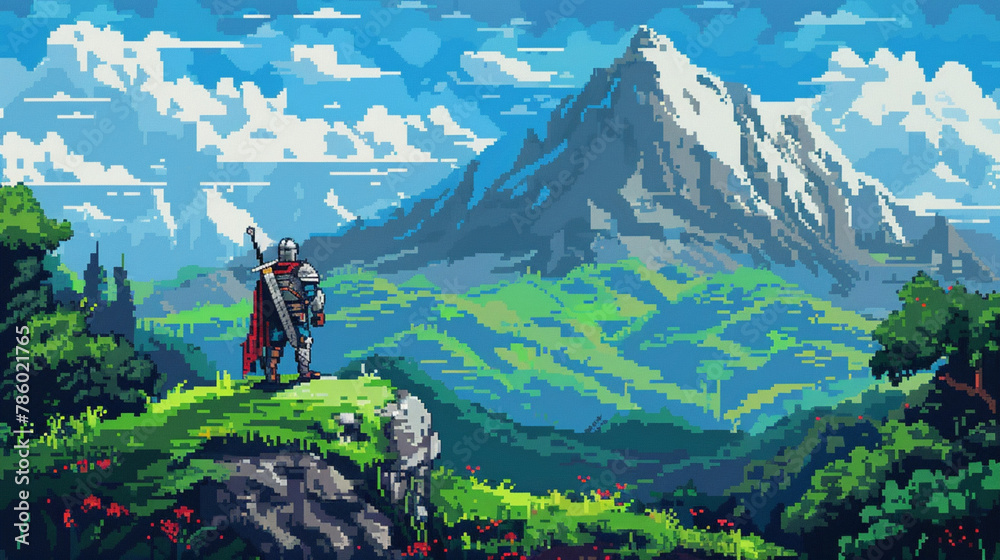 2d pixel art of knight in the green mountain and hill landscape, blue ...