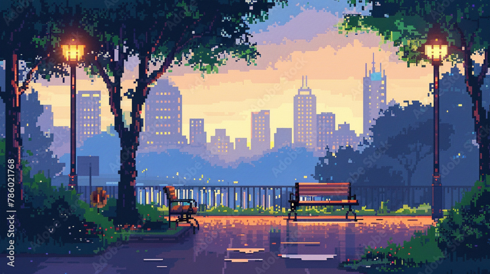 2d pixel art of park in the city at sunset ,16 bit, 32 bit, game art ...