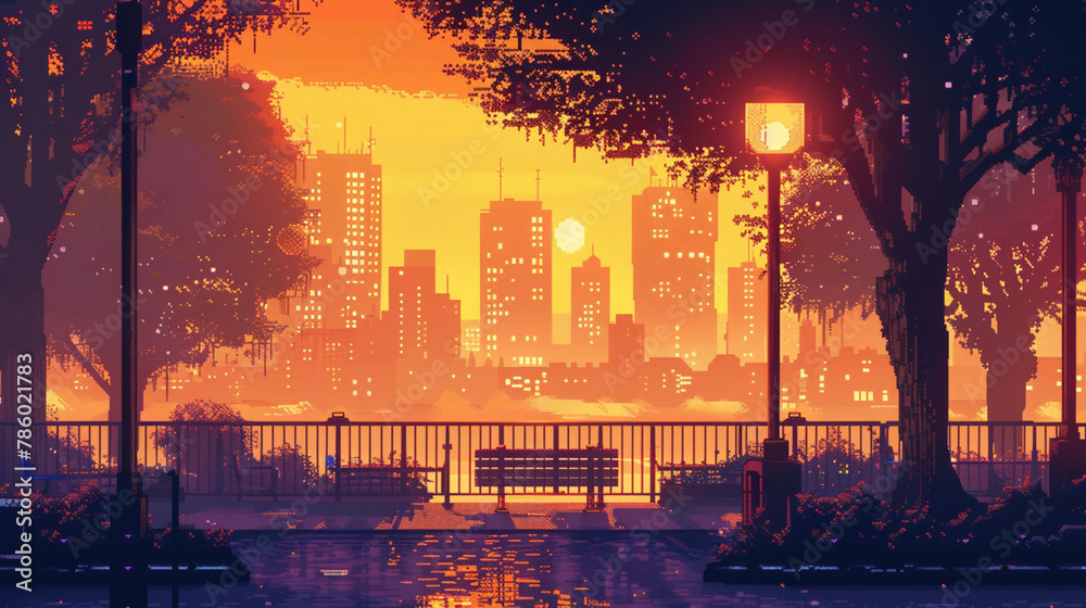 2d pixel art of park in the city at sunset ,16 bit, 32 bit, game art ...