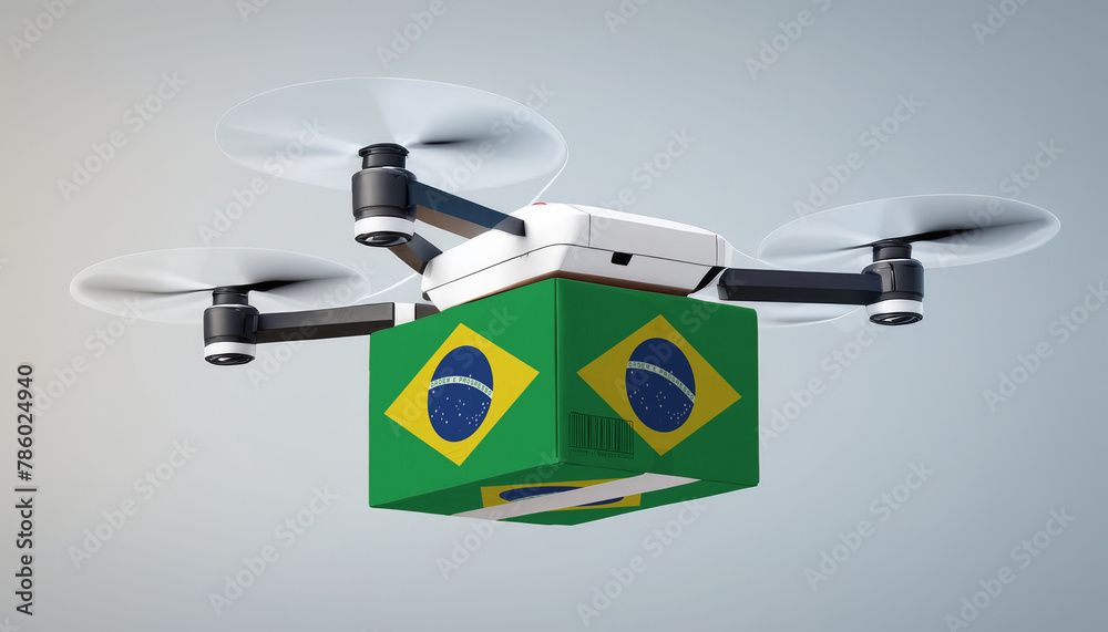 Aerial view of drone delivery. A UAV transporting a box with the Brazil ...