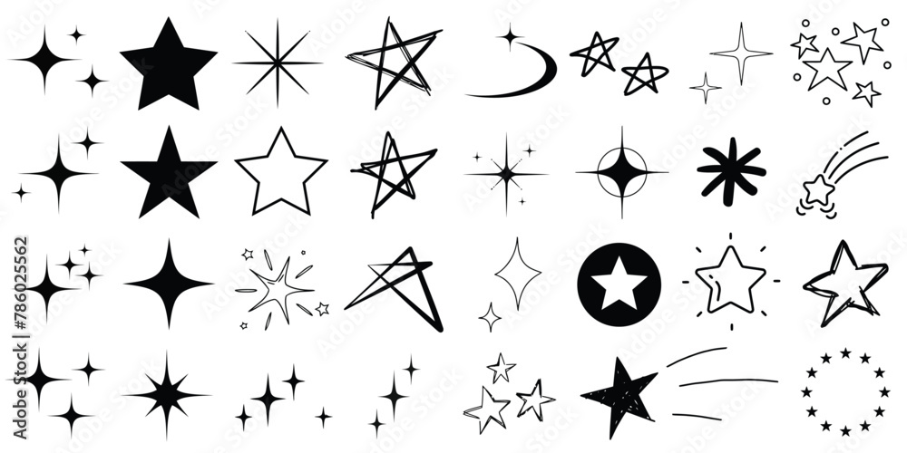 Set of stars icons, Solid Star, Black Sparkling Stars, Acid Graphic ...