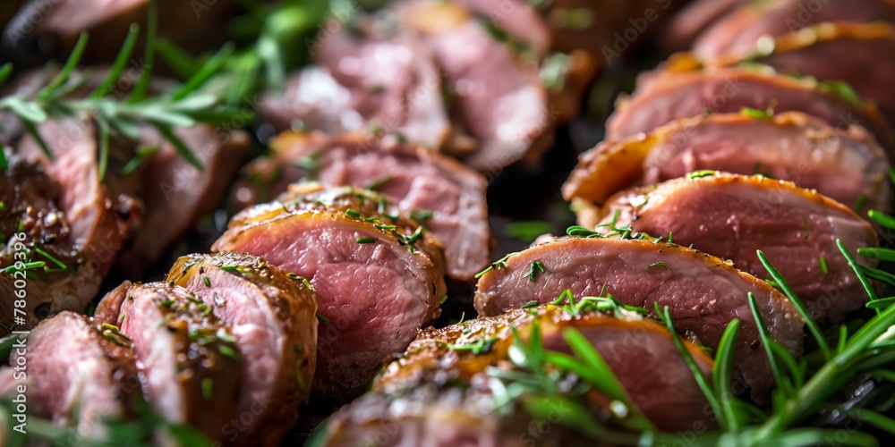 Succulent slices of roasted herb-crusted beef tenderloin presented on a ...