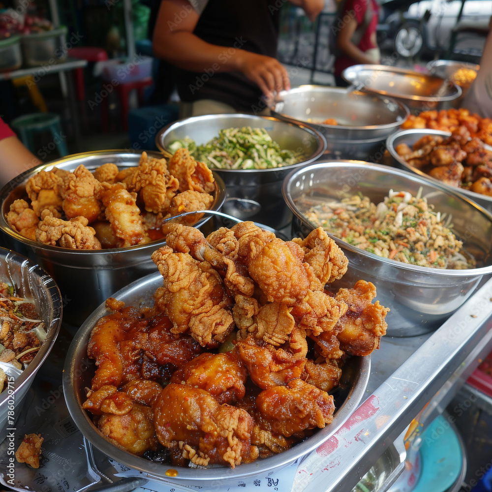 Golden, crispy fried chicken sizzles at the street food stand, its ...