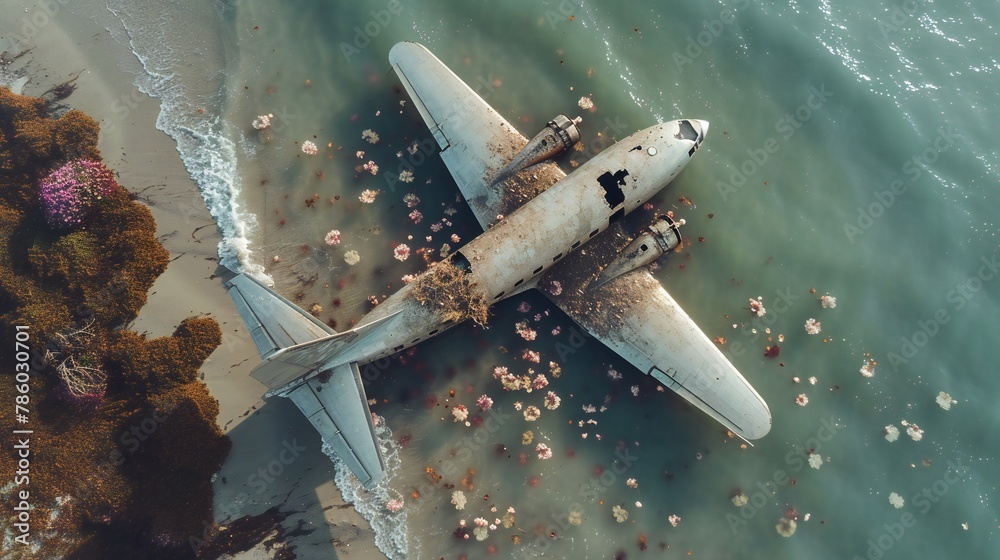 Aerial capture of an abandoned airplane on the beach, wavy waters, and ...