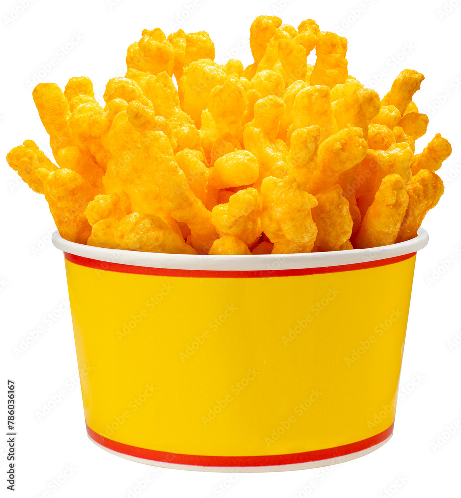 Puffed corn snacks cheesy in white paper bag isolated on white ...