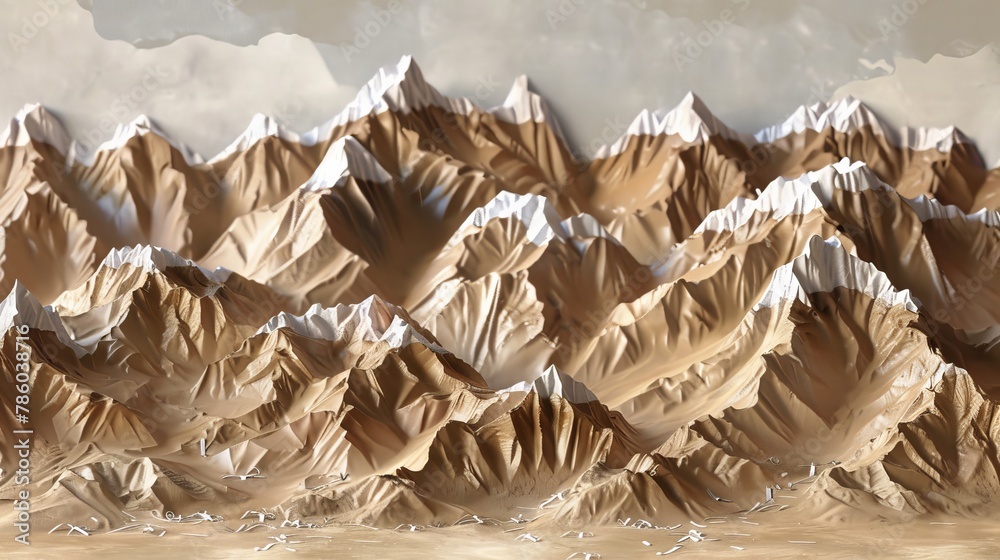 A cartoonish mountain range made from crumpled brown paper, with peaks ...
