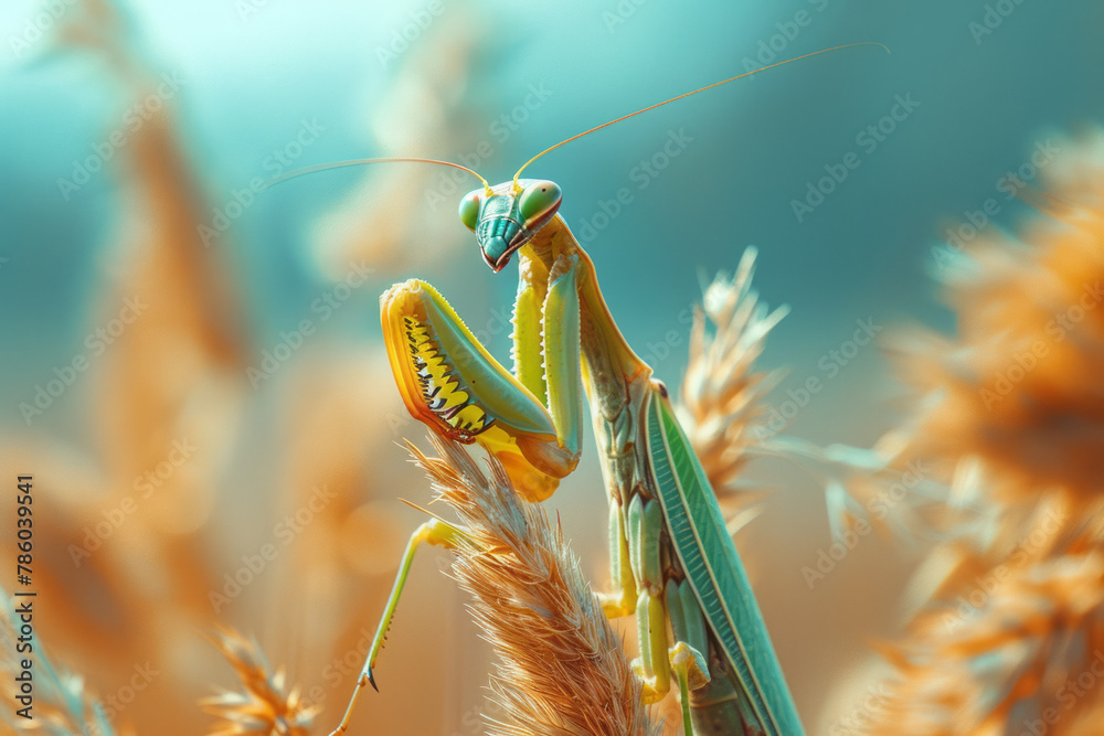 A scene where a praying mantis climbs a reed, its smooth, segmented ...
