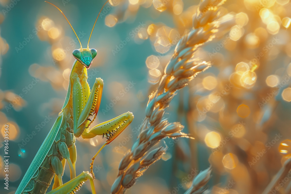 A scene where a praying mantis climbs a reed, its smooth, segmented ...
