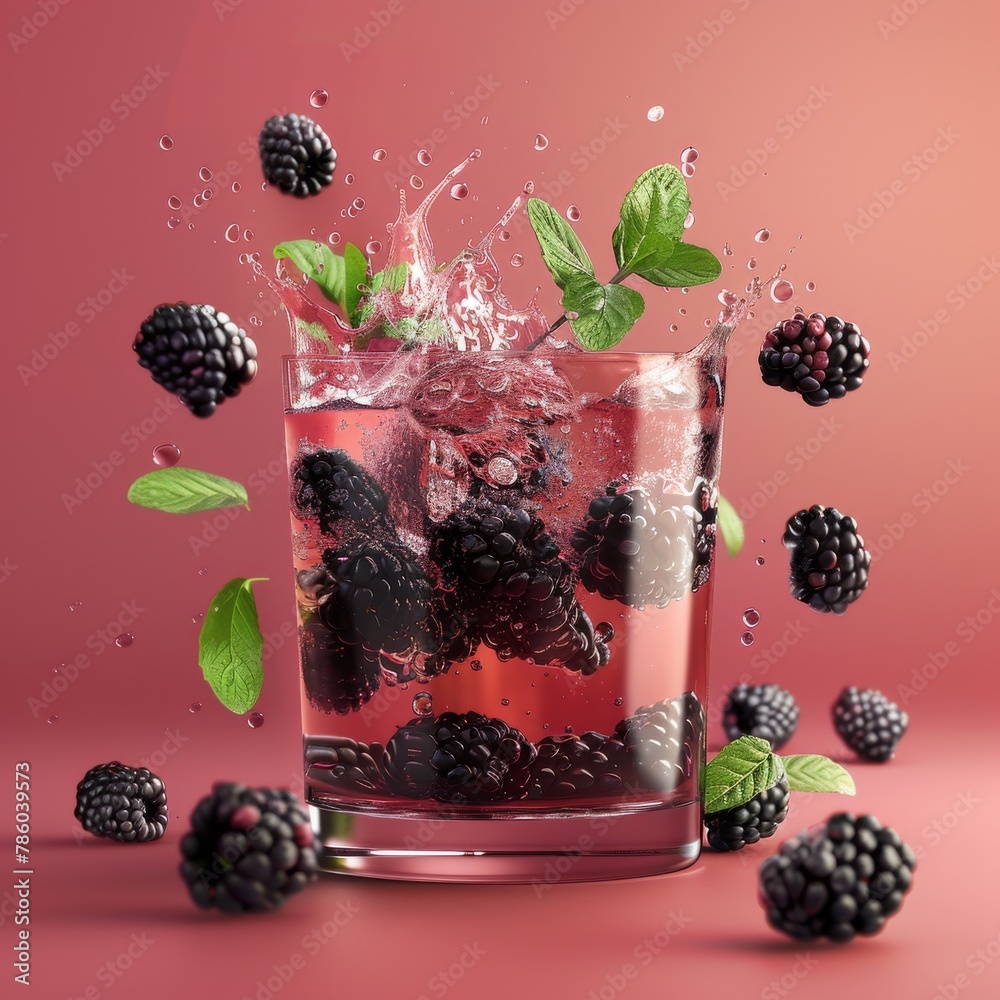 Dynamic image of a refreshing blackberry drink with mint and splashing ...