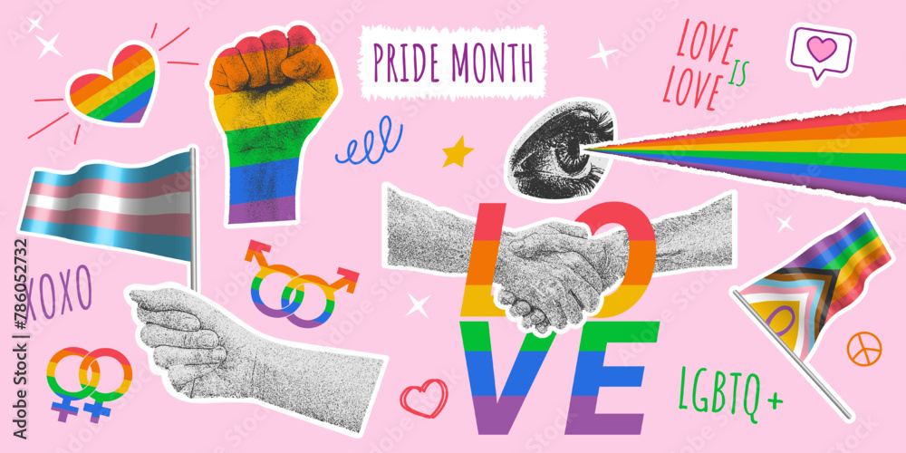 LGBTQ+ pride month halftone collage paper stickers set in contemporary ...