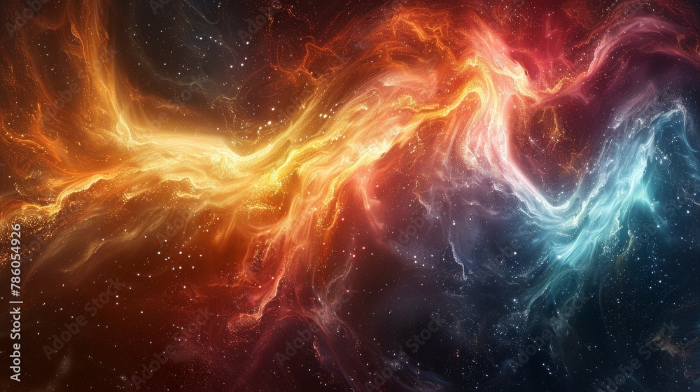 Envision an abstract universe where a multicolor spectrum bends and ...