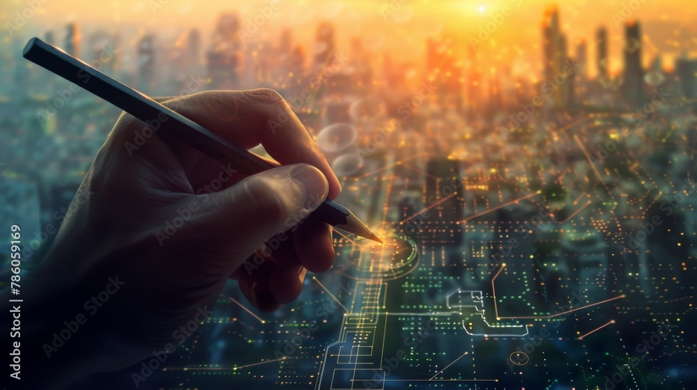 A hand with a pen draws a drawing and the architecture of the city. A ...