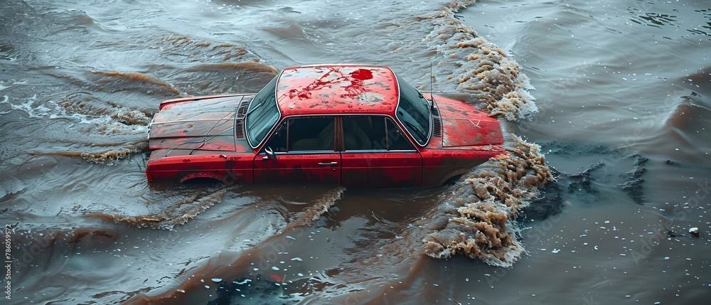 Red Car Engulfed by Raging Floodwaters. Concept Natural Disasters ...