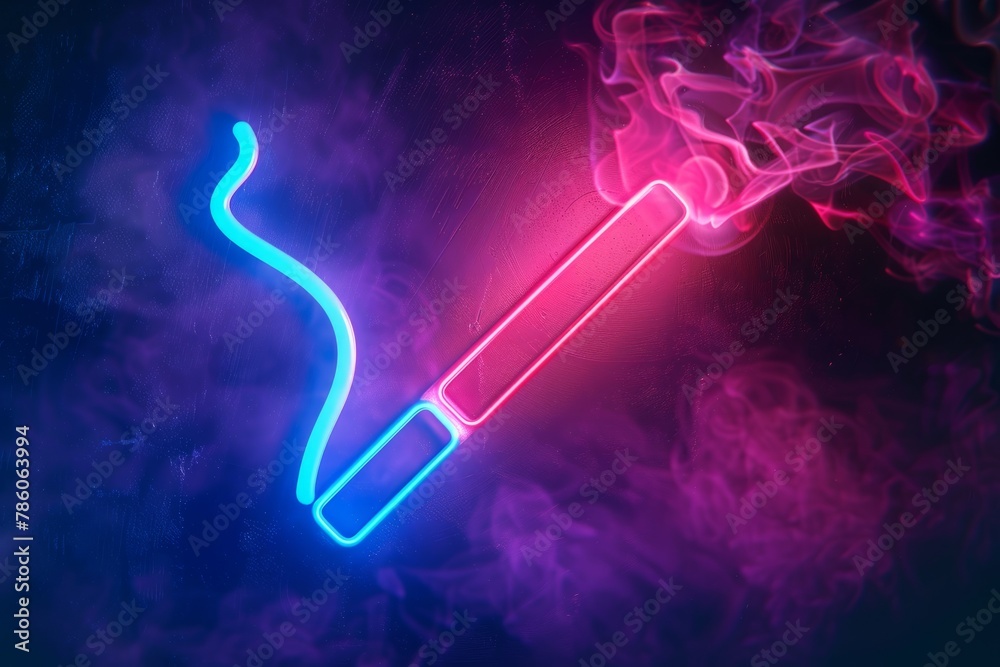 neon sign of a cigarette icon, blue purple color palette, dark ...