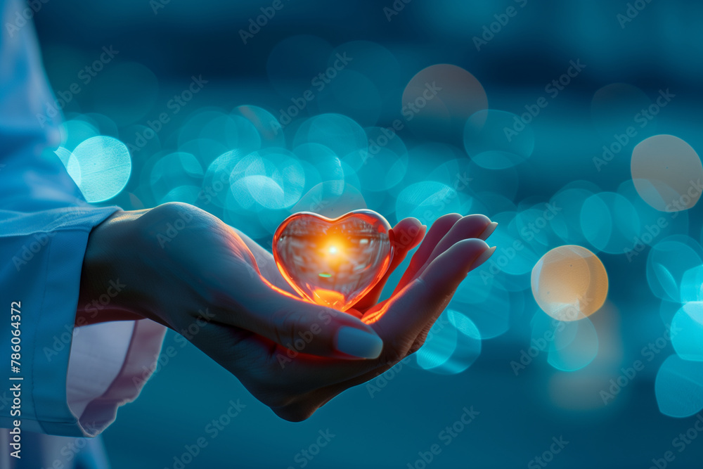 Artistic depiction of a doctor's hand offering a heart-shaped beacon of ...