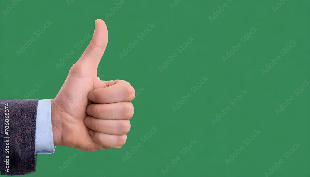Thumb up hand gesture on green background. Approval, success and agree ...