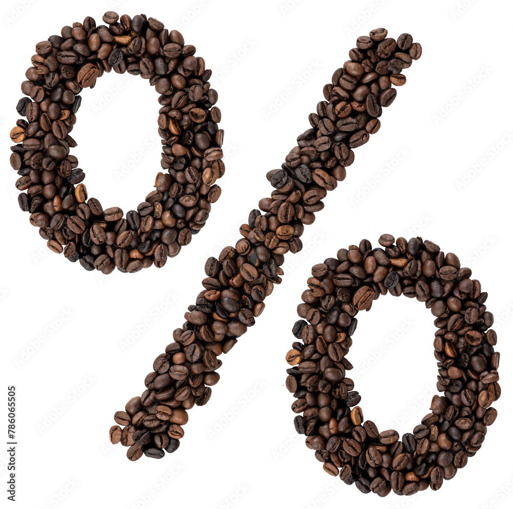 Percent sign made from roasted coffee beans on a white background ...