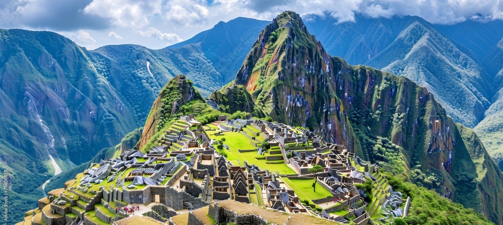 Ancient incan citadel machu picchu sanctuary on andes mountain ridge in ...