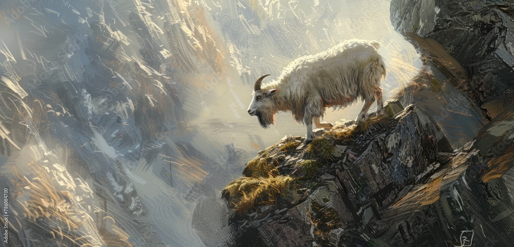 A stoic mountain goat navigates the rugged terrain of a steep cliffside ...