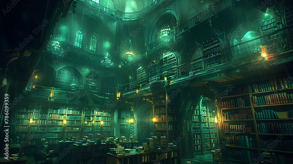 Dark and Mysterious Fantasy Library Filled with Glowing Ethereal Tomes ...