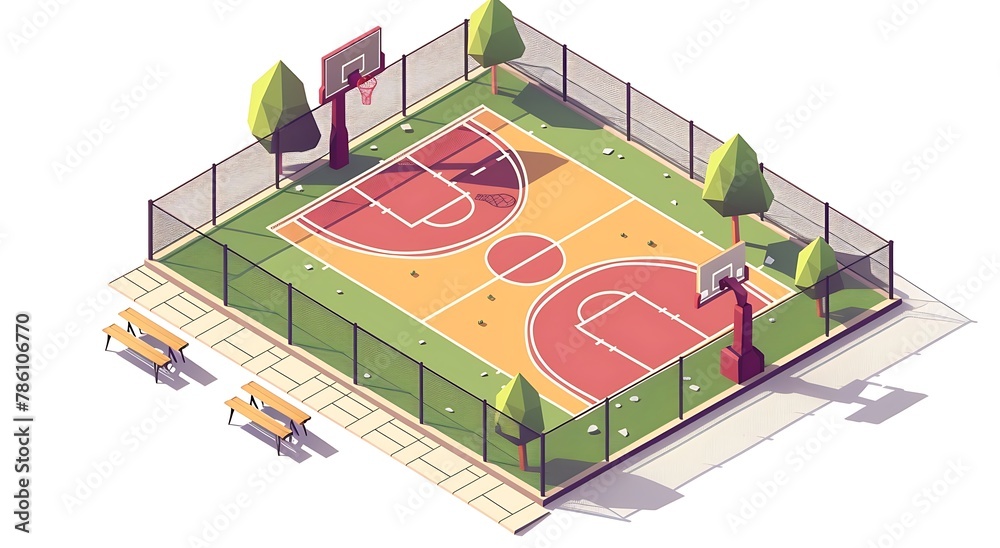 Vector isometric low poly basketball court with wooden benches and ...