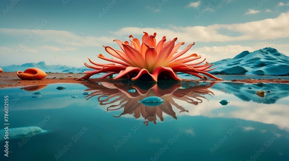 Curved, shell-like formation in shades of pink over a stark red desert ...