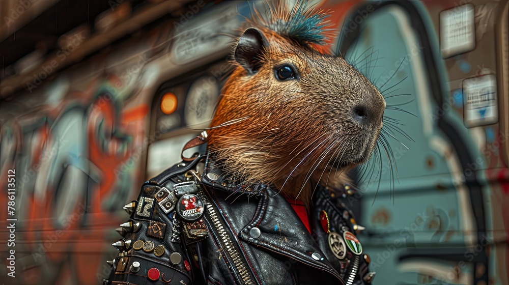 Capybara with a punk look in a leather jacket and vibrant hair on a ...