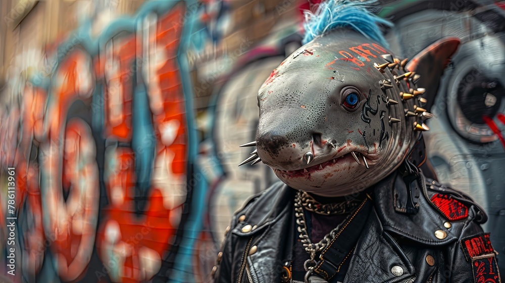 A shark with a punk look in a leather jacket and vibrant hair in front ...