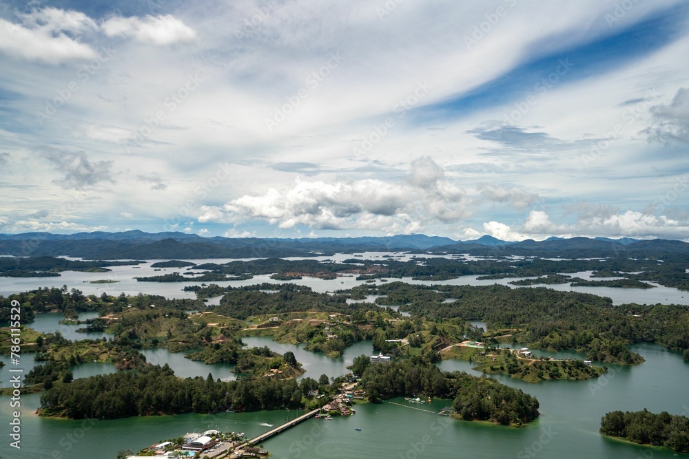 Bird's eye view of green islands of Antioquia, Colombia seen from ...
