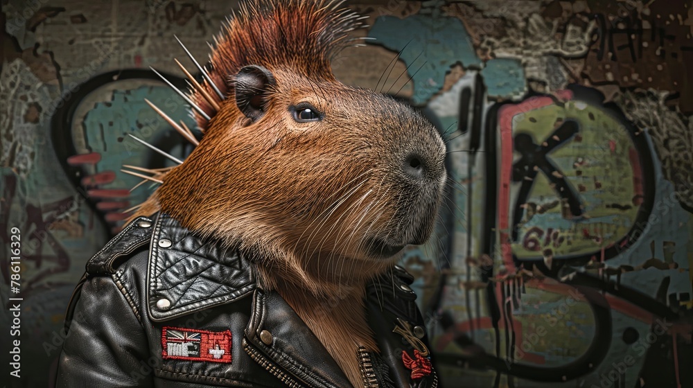 Capybara with a punk look in a leather jacket and vibrant hair on a ...