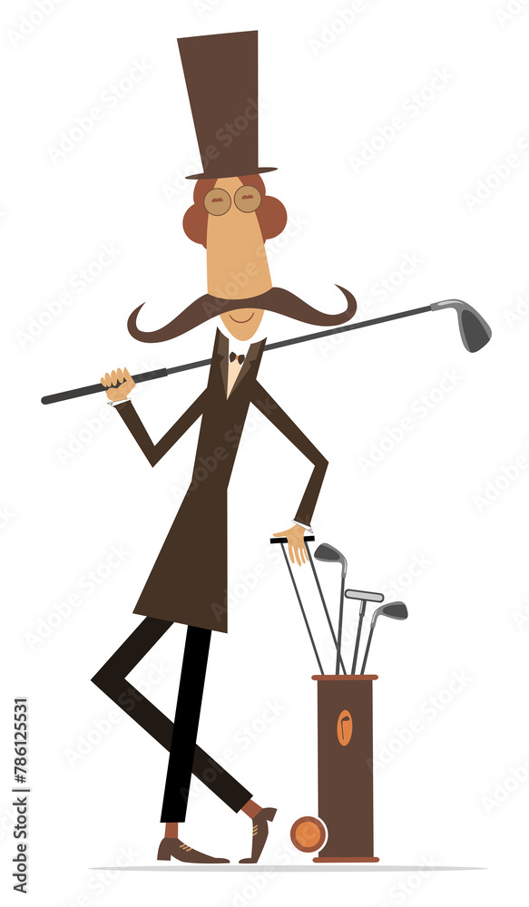 Funny long mustache man plays golf. Golf course. Cartoon long mustache ...