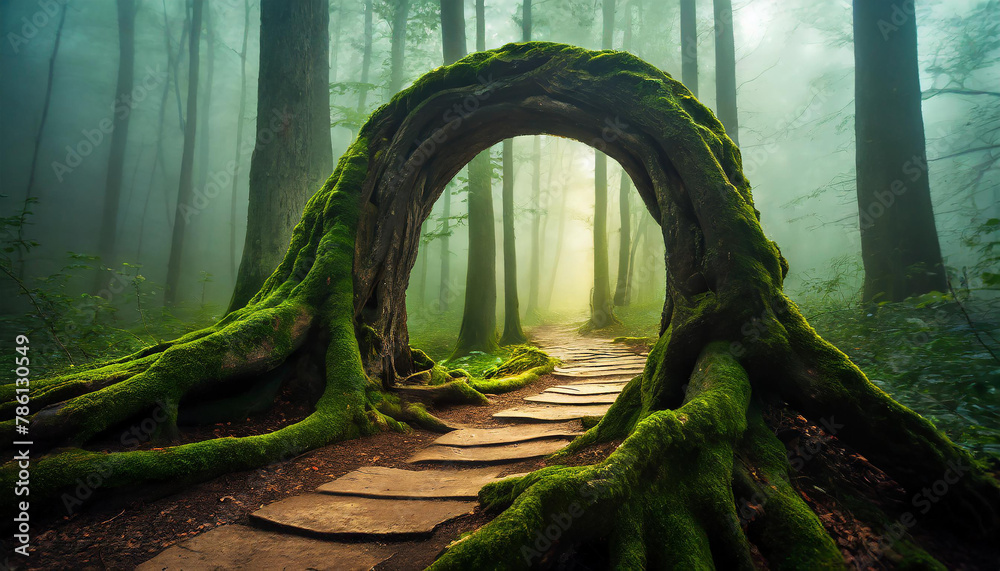 Abstract arch made of tree roots on forest path. Mysterious portal to ...