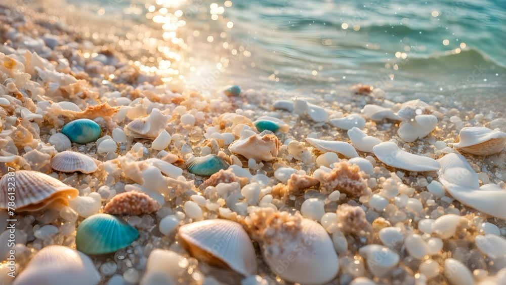 Vidéo Stock The view of sea shells on the beach creates a charming ...