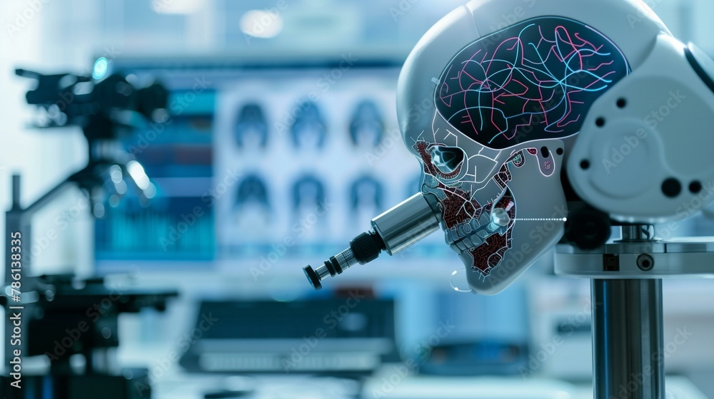 Neuroprosthetics technology, skull with brain on microscope ...