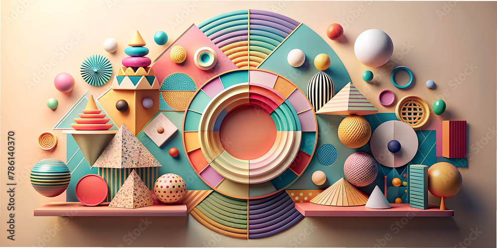 , circle, geometric shapes, in 3D style, colors, shapes, graphics ...