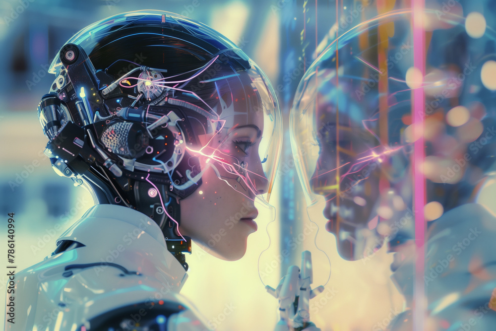 female engineer's mastery of robotic automation, with ethereal light ...