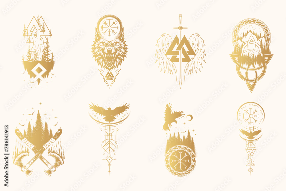 Viking runes and symbols golden collection. Hand drawn isolated set of ...