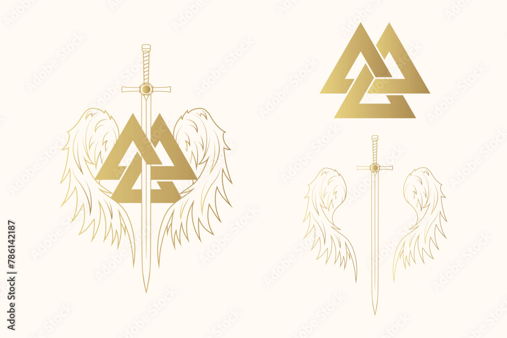 Golden celtic sword with wings and valknut. Image with Valkyrie symbols ...
