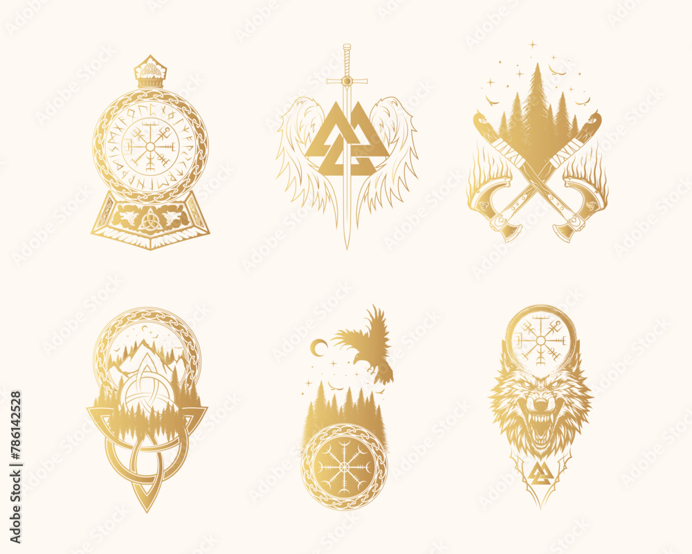 Six Scandinavian vector illustrations with Viking symbols and runes ...