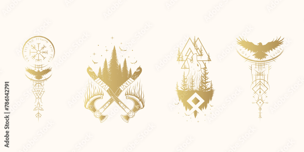 Six Scandinavian vector illustrations with Viking symbols and runes ...