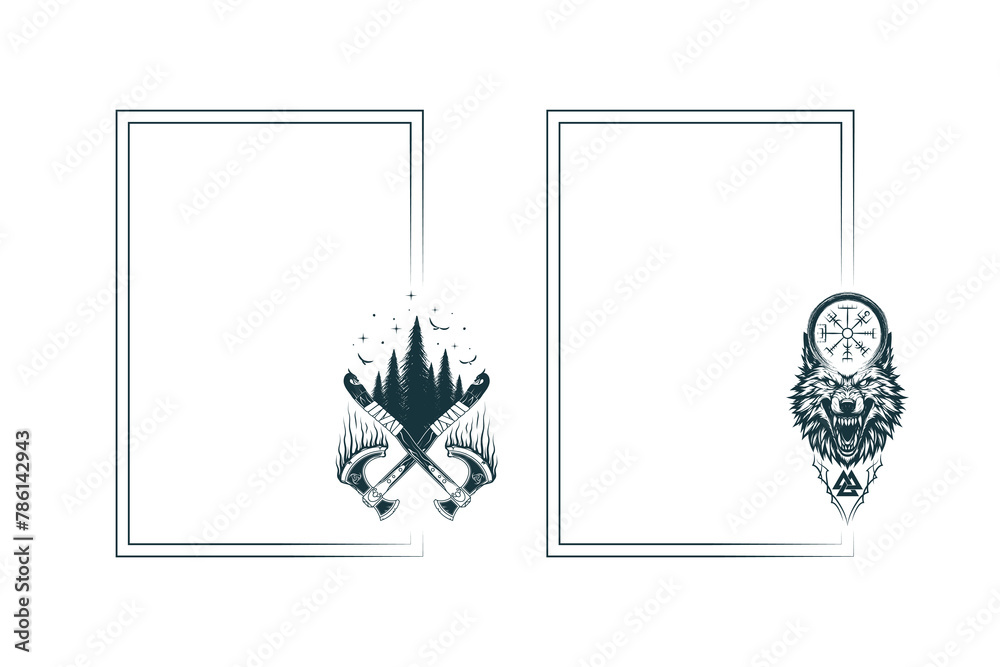 Two rectangular frames with Viking symbols crossed axes and fenrir ...