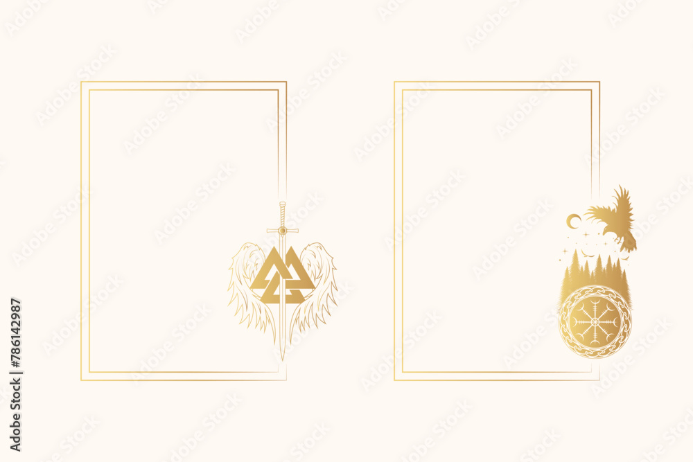 Hand drawn golden rectangular frames with pagan norse valknut and sword ...