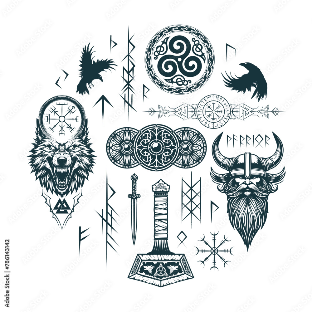 Viking runes and symbols. Hand drawn isolated set of pagan norse sign ...
